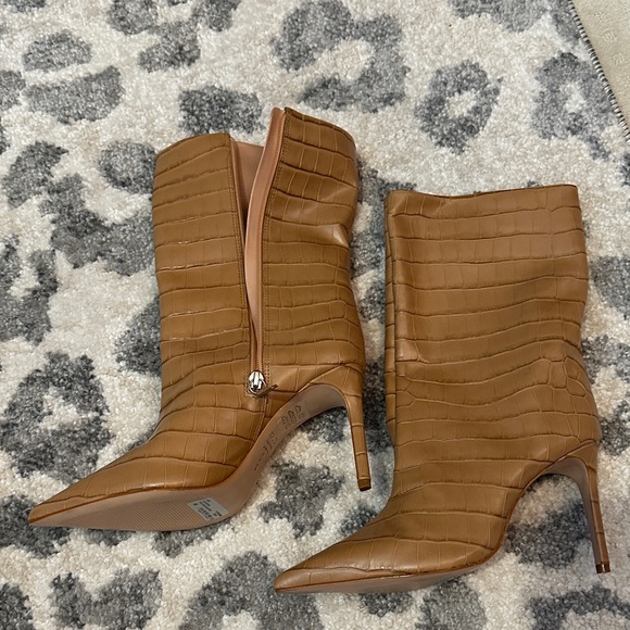 SCHUTZ | Shoes | Schutz Tan Crocembossed Heeled Ankle Boots | Poshmark
